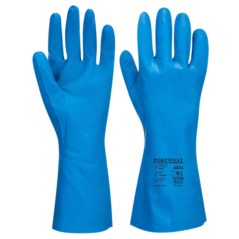 A814 - Food Approved Nitrile Gauntlet Blue - redoakdirect.com