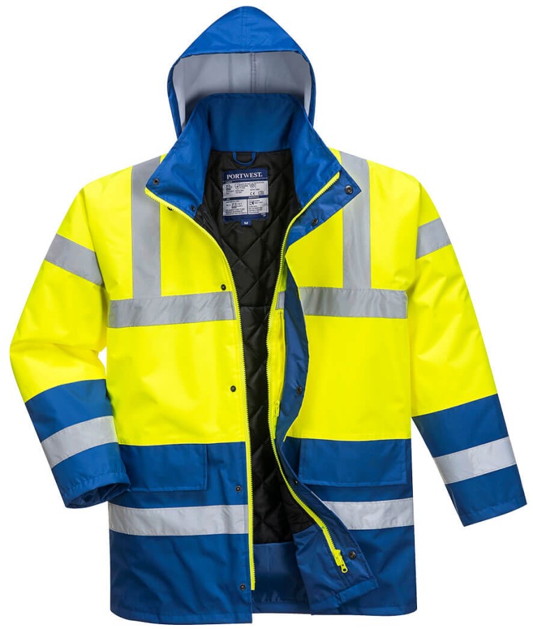 Portwest High Visibility Two Tone Yellow & Royal Blue Contrast Waterproof Traffic Jacket ...