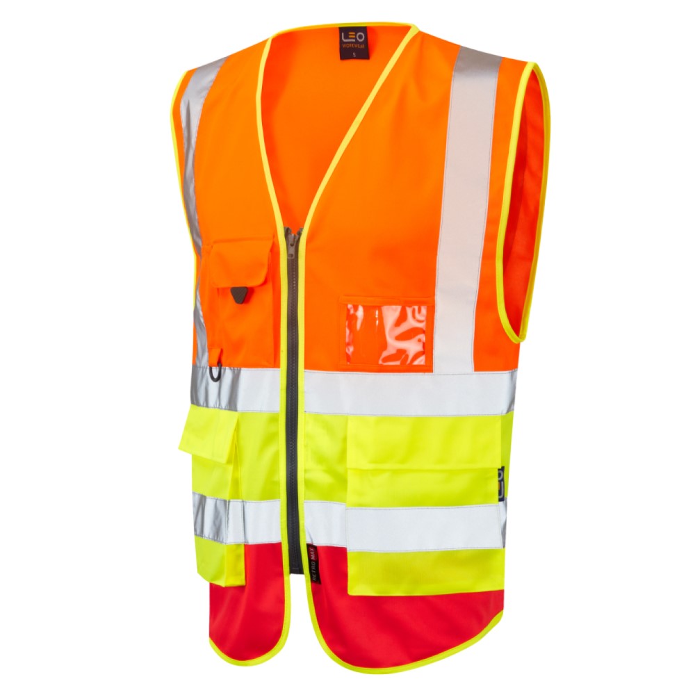 LEO LYNTON W11 SUPERIOR THREE-TONE YELLOW ORANGE RED HIGH VISIBILITY VEST. TO ENISO20471 CLASS 2 ...